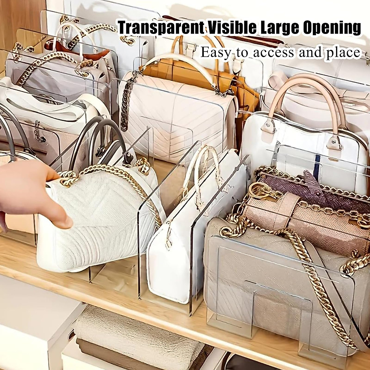 SUZEPER 2pcs Clear Plastic Purse Handbag Organizer, 3/4 Sections Bag Closet Shelf Divider, Purse Display Stand,Handbag Storage Organizer,Desk Book File Sorter Stand Holder(4 grids, Clear)