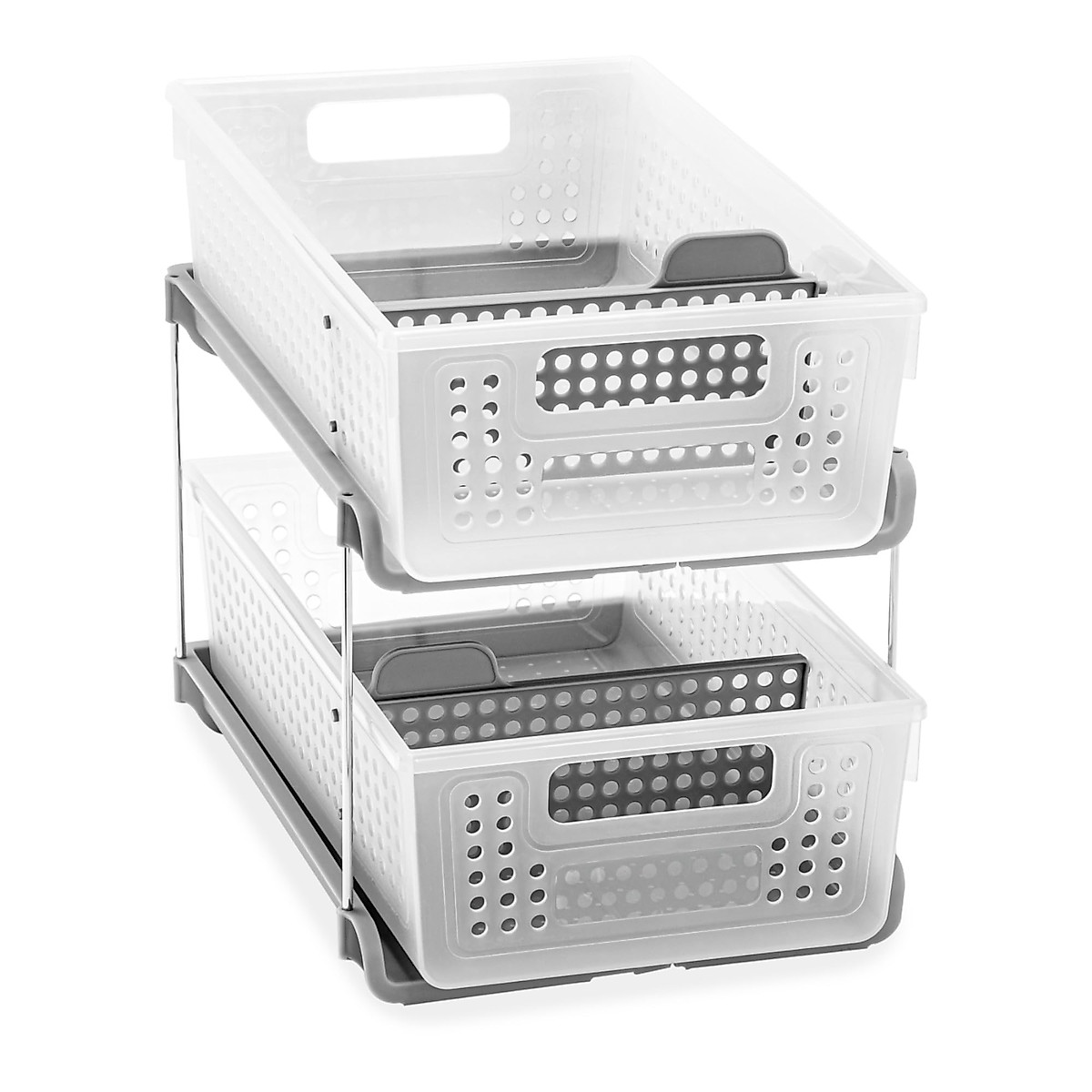 madesmart 2-Tier Organizer, Multi-Purpose Slide-Out Storage Baskets with Handles and Dividers, Frost