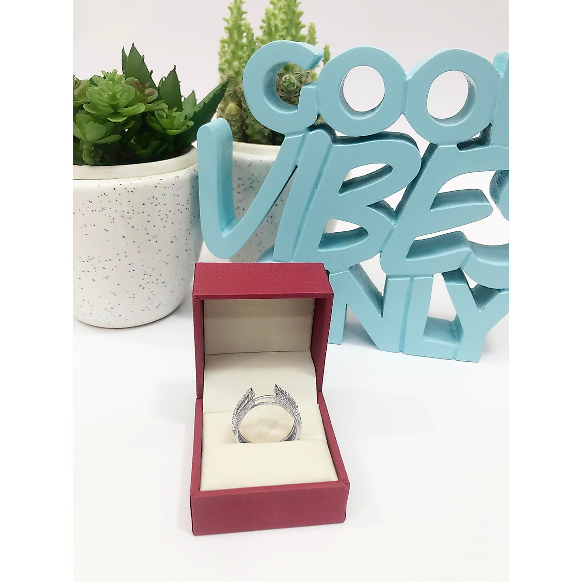 SAVEARTH DIAMONDS Round Lab Created Moissanite Diamond Cathedral Enhancer Guard Ring for Women 14K White Gold Plated 925 Sterling Silver (0.20 Cttw) Size -7