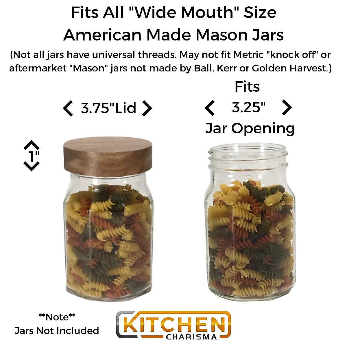 Kitchen Charisma Wooden 4 Mason Jar Lids Wide Mouth (Acacia Wood) - Custom Molded Screw Top Mason Jar Lid Set Storage Lids for Ball Jars Only