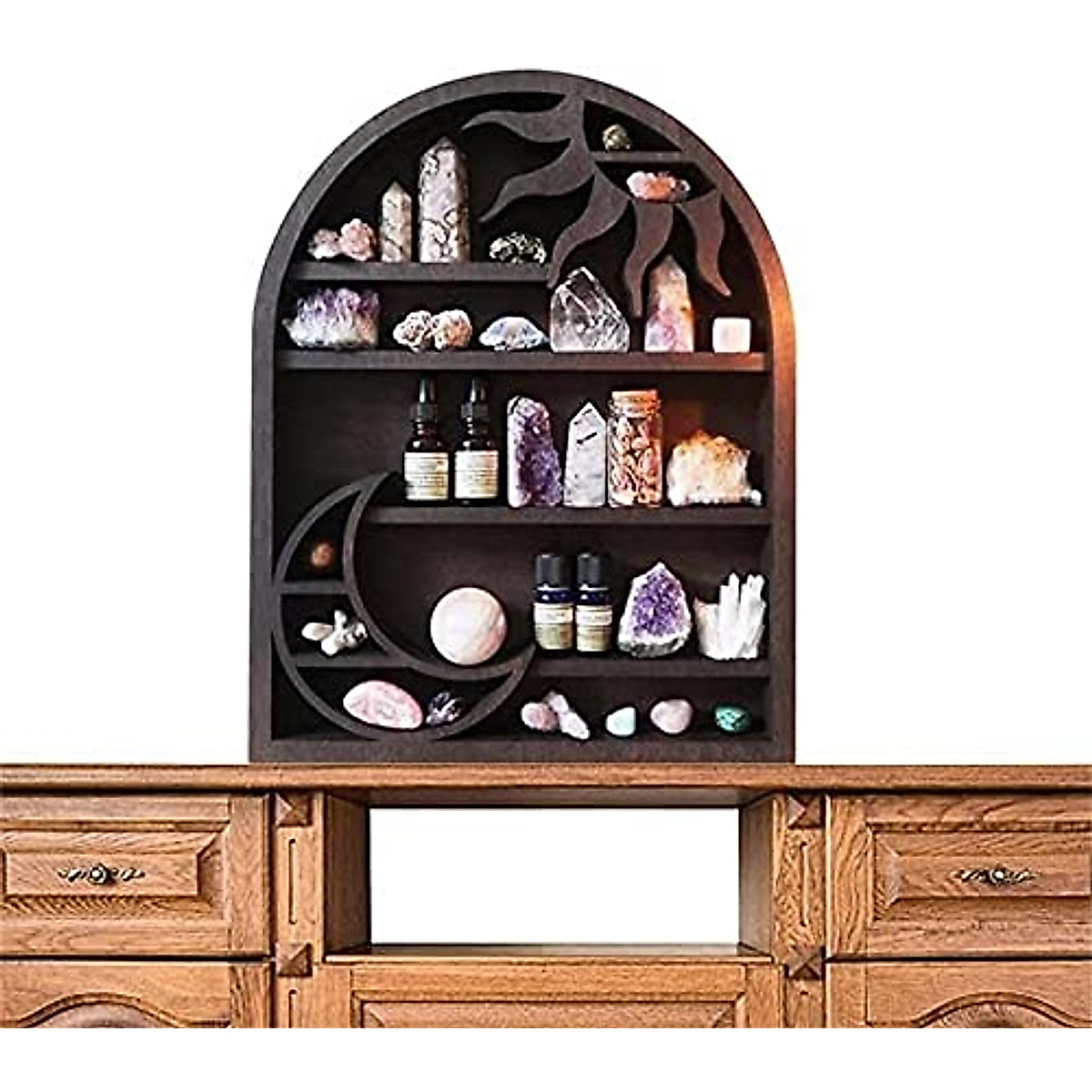 Crystal Shelf Display Crescent Moon Rack Witchy Crystal Holder for Stones Essential Oils Essentials Shelves Wall Decor Rustic Wooden Display Boho Meditation Home Decor (Model1-House)
