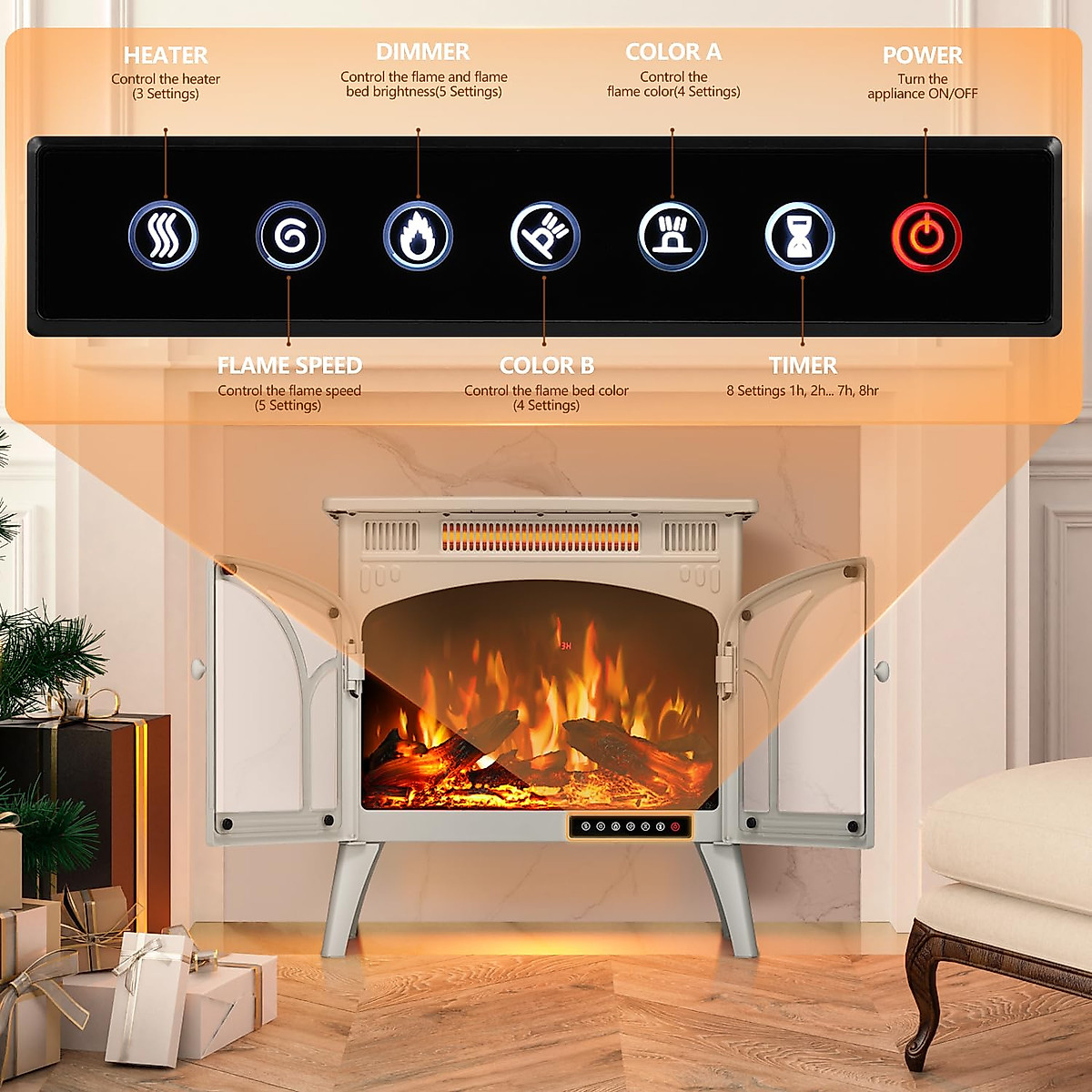 R.W.FLAME Electric Fireplace Heater 25" with Remote, Cathedral Stylish, Different Flame Effects and Log Set Colors, Adjustable Brightness and Heating Mode, Overheating Safe Design, Beige