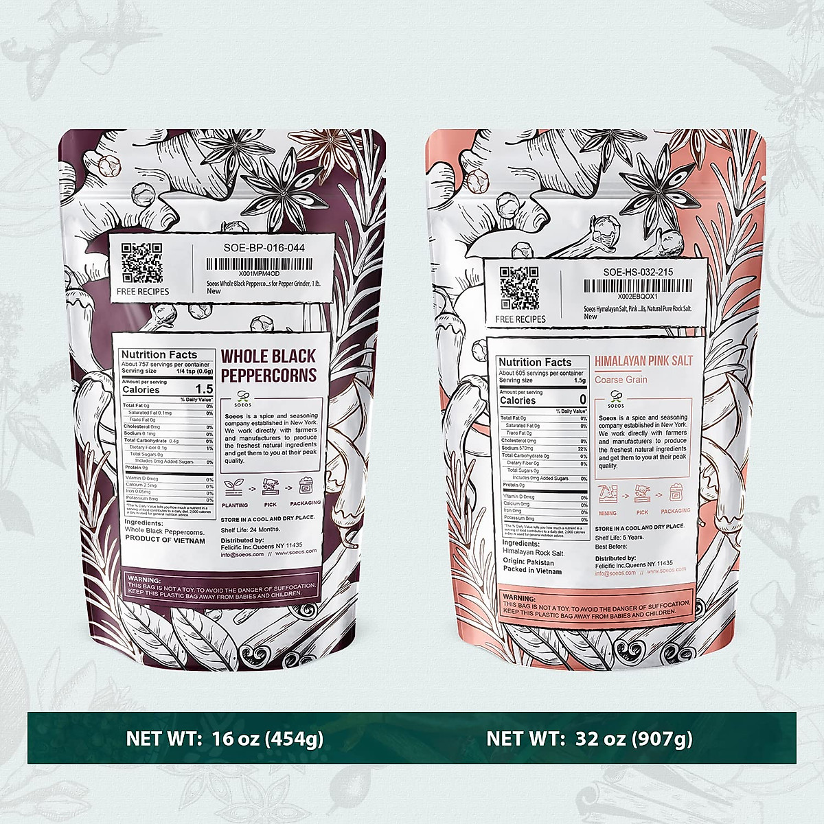 Soeos Whole Black Peppercorns 16oz + Himalayan Pink Salt 2lb, Salt and Pepper for Grinders, Black Peppercorn Refil, Pink Himalayan Sea Salt, 2 Piece Set