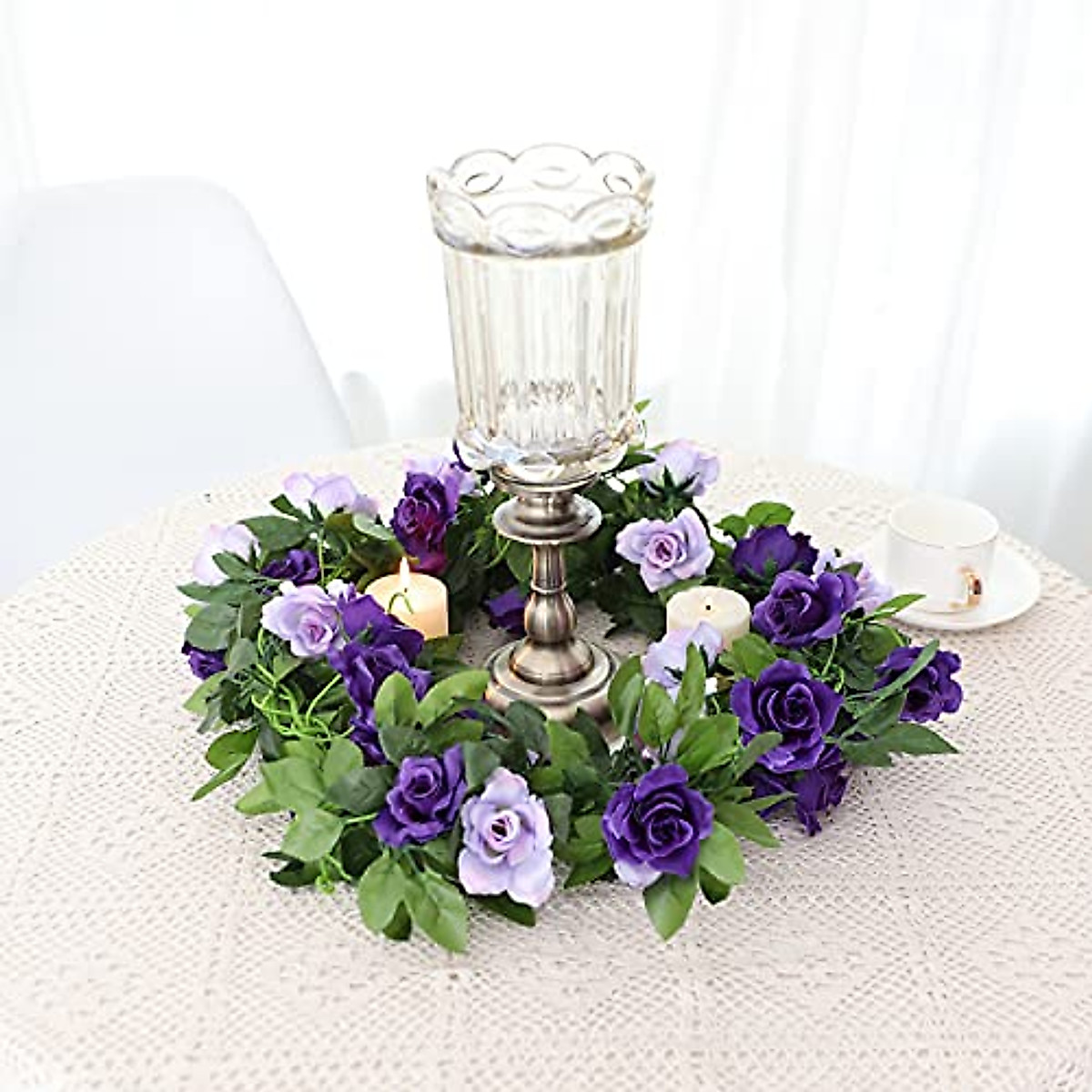 Floweroyal 2 Pack Artificial Flower Garlands 15.8FT Fake Rose Vines Silk Flowers Hanging Rose Ivy for Wedding Arch Party Home Garden Wall Decor (Purple)