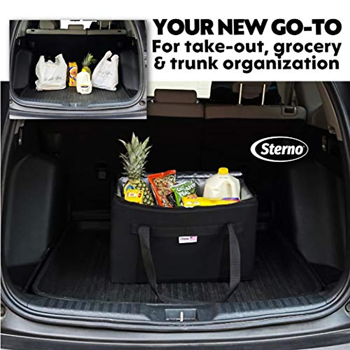 Sterno Trunk Buddy Insulated Leak Proof Organizer, Hot and Cold Food Bag for Groceries, Beverages and More, Black Cloth Exterior with Vinyl Liner, 13”L x 22”W x 14”H