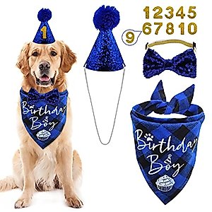 Dog Birthday Party Supplies, LMSHOWOWO Reusable Boy Dog Birthday Bandana Scarf Set, Cute Dog Birthday Hat with Number Bow Tie for Small Medium Large Dog Pet (Blue)