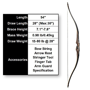 Deerseeker Archery 54" Traditional Bow Hunting Longbow with Bamboo Core Limbs Handmade Recurve Bow RH/LH for Targeting Practice Shooting Youth & Adults Bow Set 20-80lbs