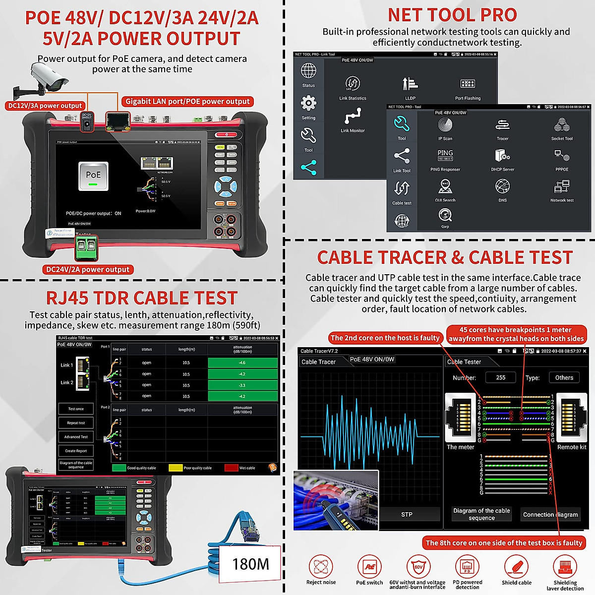Rsrteng CCTV Tester Upgraded Version 8K IP Camera Tester CCTV Camera Tester with TVI CVI AHD SDI Coaxial Camera Test Networl Tools Cable Tester Support DMM OPM TDR POE HDMI DC24V Dual Network Port