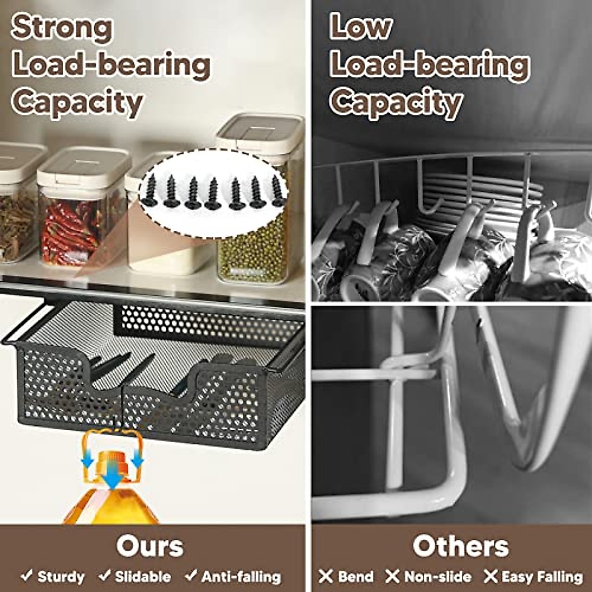 3 Pack Hanging Pullout Drawer Basket, Sliding Under Shelf Storage Organizer with nameplates, Under Shelf Baskets Under Cabinet Organizer Under Desk Drawer for Kitchen Pantry Cabinet, Attaches to Shelf