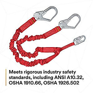 3M Protecta PRO 1340161 6', 100-Percent Elastic Shock Absorbing Lanyard, Snap Hook At Center, Steel Rebar Hooks On Leg Ends, 310 lb. Capacity, Red