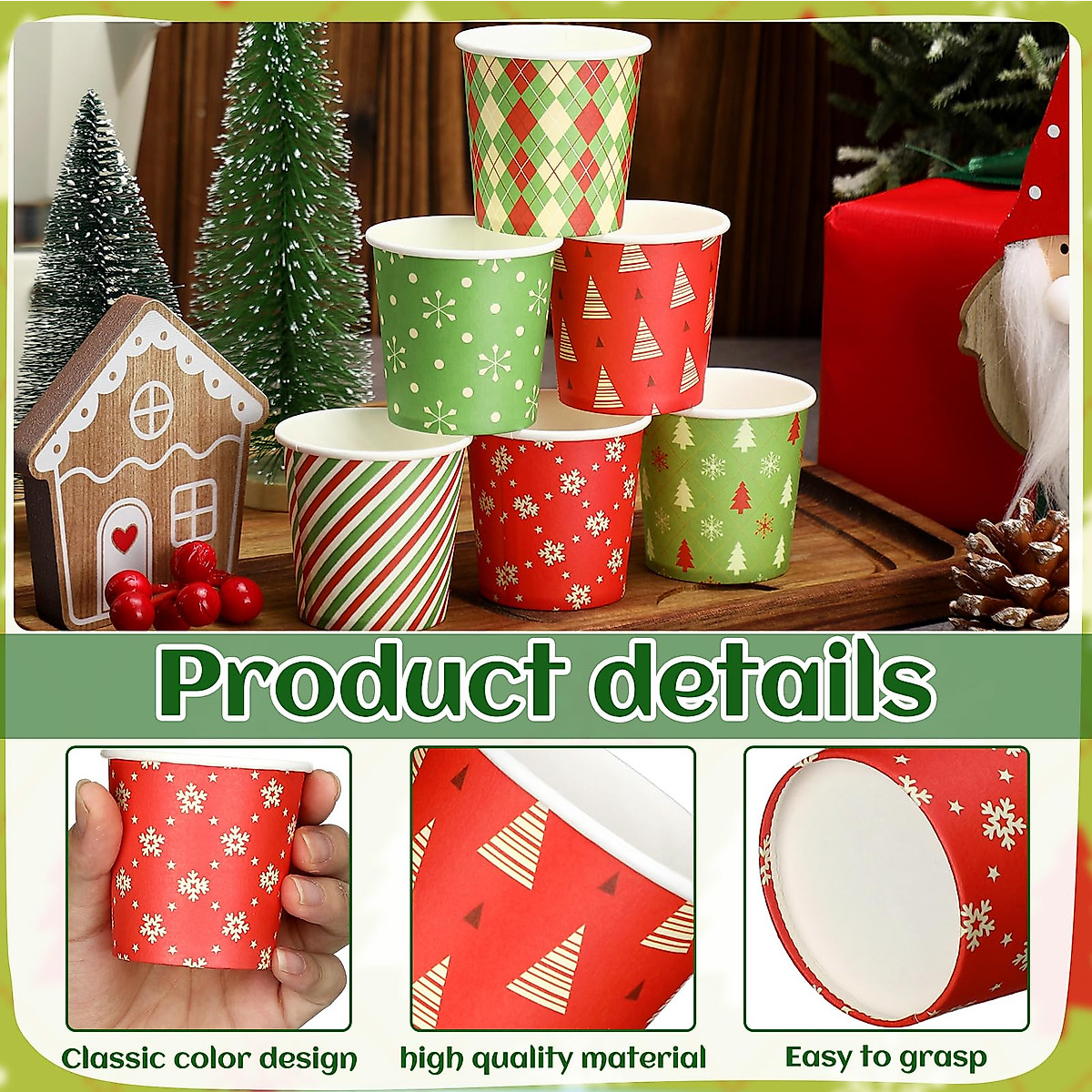 Maxcheck 300 Pcs Christmas Paper Cups 4 oz Disposable Holiday Supplies 6 Styles Paper Coffee Espresso Cups Xmas Green Red Drink Drinkware for Chocolate Tea Cocoa Beverage Party Office