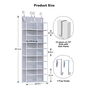 ALLTIDYUP Clear Over The Door Organizer 5 Shelf, Door Hanging Organizer with 10 Large Capacity Pockets, Behind The Door Storage for Pantry Dorm Room Bedroom Closet Nursery and Sundries, White