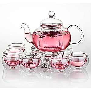 Jusalpha 11 PC-Glass Filtering Tea Maker Teapot with a Warmer and 6 Tea Cups Set (Version 2, 27-Oz)