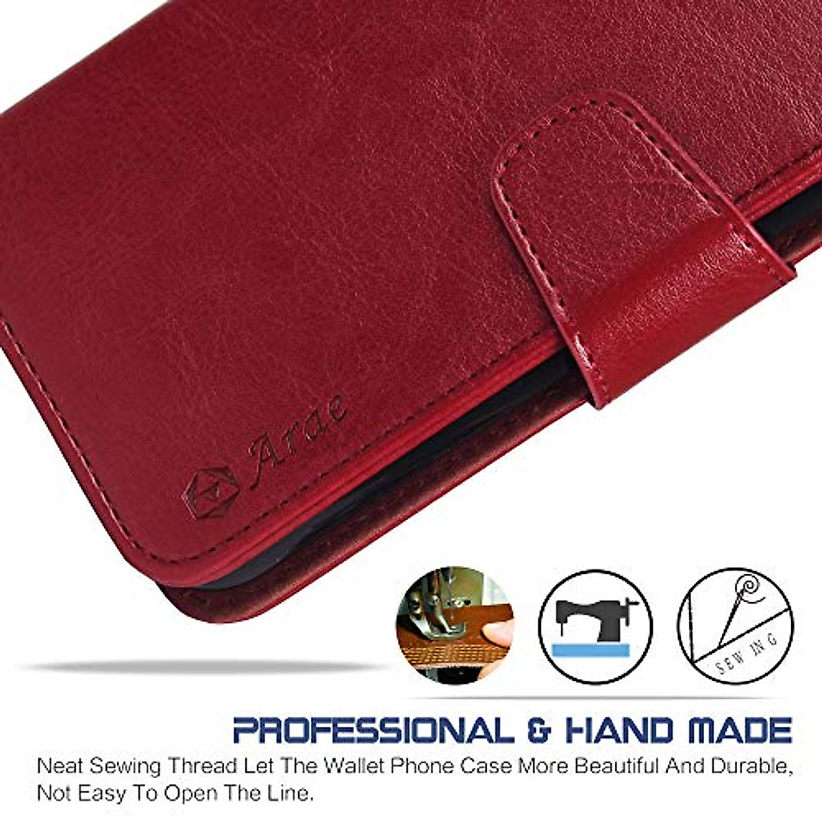 Arae Wallet Case for iPhone XR PU Leather flip case Cover [Stand Feature] with Wrist Strap and [4-Slots] ID&Credit Cards Pocket for iPhone XR 6.1 inch (Wine red)