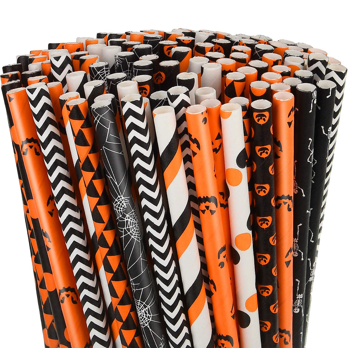 250 Pieces Halloween Drinking Straws Pumpkin Paper Straws Striped Paper Drinking Straws with Pumpkin Bat Spider Web Skeleton Pattern for Halloween Party Supplies, 10 Styles