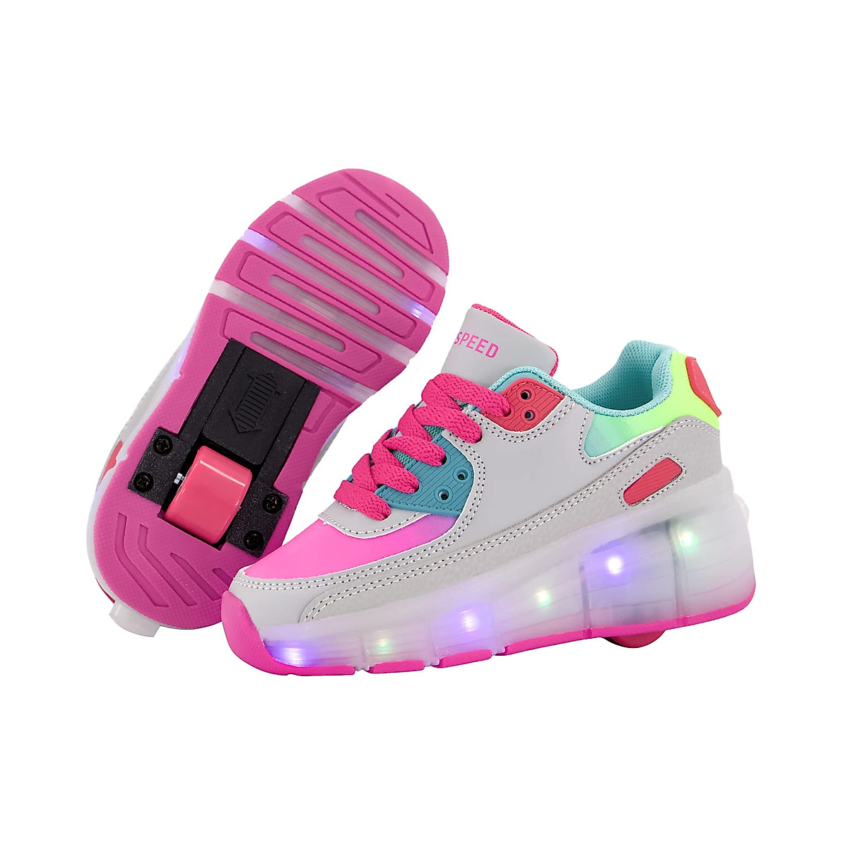 SDSPEED 7 Colors LED Rechargeable Kids Roller Skate Shoes with Single Wheel Shoes Sport Sneaker