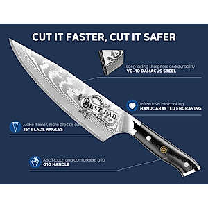 ASETY Men Gifts, Damacus Chef Knife, Gifts for Dad, Birthday Gift from Daughter Son Kids, Full Tang G10 Handle, Christmas, Thanksgiving Best Dad Ever Father Gifts