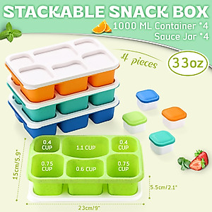 Bento Lunch Box Snack Containers, Reusable Meal Prep Lunchable Containers for Adults Kids, Stackable Bento Snack Box 4 Pack, 6 Compartment Divided Food Containers, Sauce Container, Bright Colors