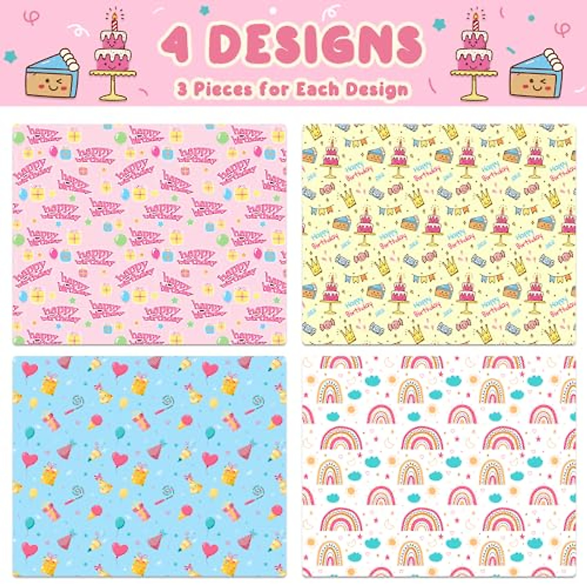 Mpanwen Birthday Wrapping Paper for Girls Kids, 12 Sheets Cake Rainbow Gift Design Wrap Paper for Girls Birthday - 20 x 29.5 Inches Per Sheet