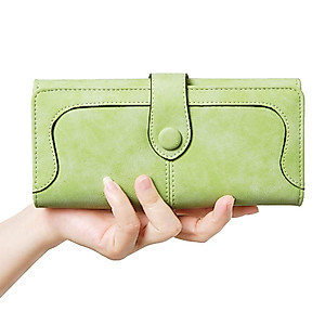 Cynure Women's Vegan Leather 17 Card Slots Card Holder Long Big Bifold Wallet,Light Green