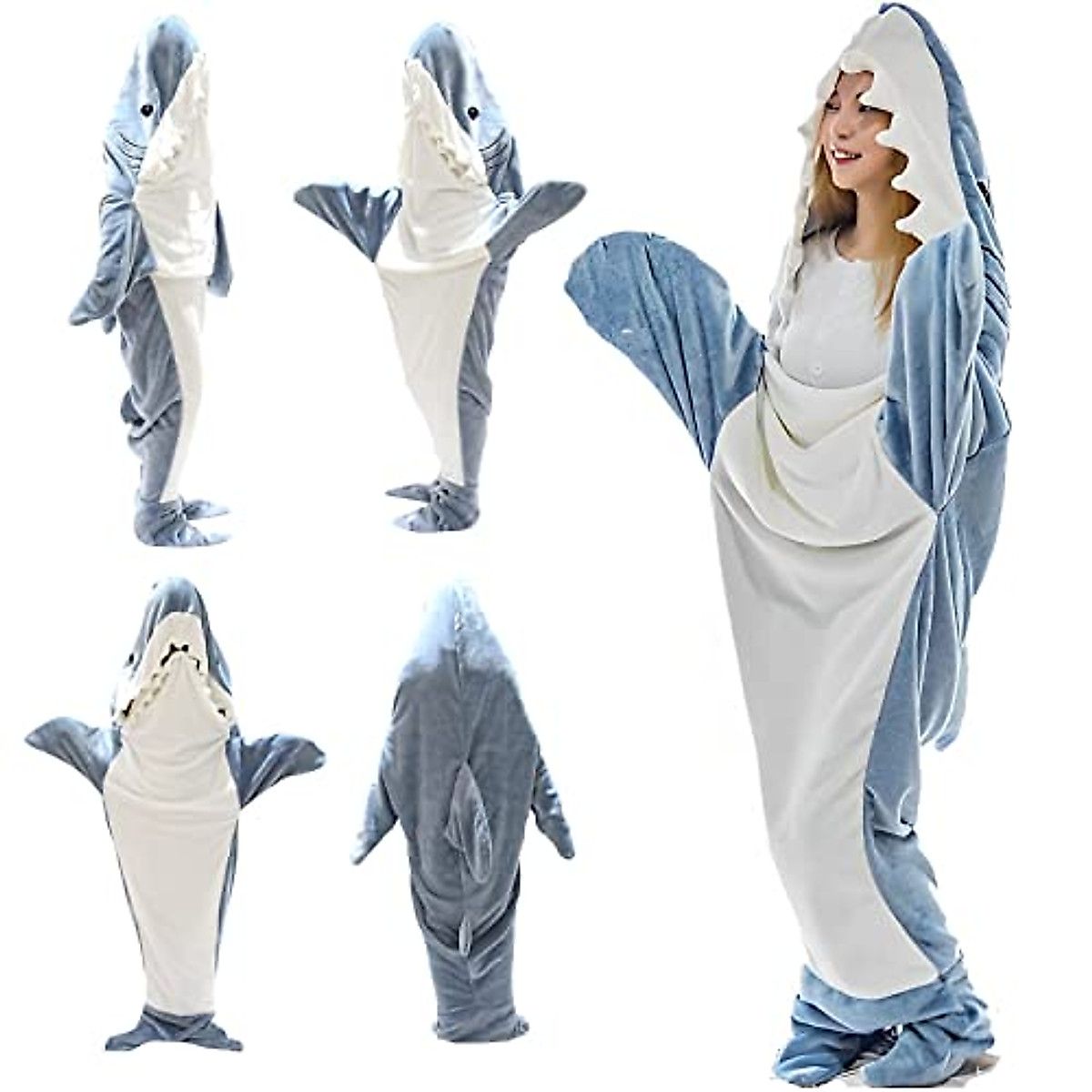 Shark Blanket Super Soft Cozy Flannel Hoodie Shark Sleeping Bag Shark Tail Wearable Fleece Throw Blanket (L)