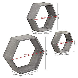 MyGift Rustic Gray Wood Hanging Shadow Boxes Display Case Wall Shelves with Hexagonal Shape, Set of 3