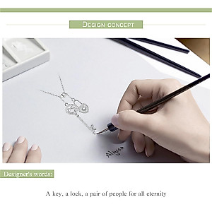 BISAER Heart Lock and Key Pendant Necklace 925 Sterling Silver Cubic Zirconia Charm Necklace Adjustable Necklaces for Women Girls