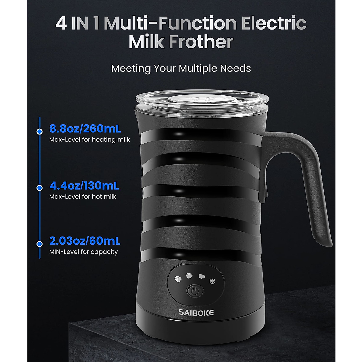 Milk Frother, SAIBOKE 4-in-1 Electric Milk Steamer，Automatic Hot & Cold Foam Maker, 8.8oz/260ml Milk Warmer for Latte, Cappuccinos, Macchiato. Ultra-Quiet Working & Automatic Shut Off.