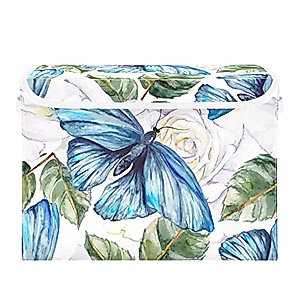 innewgogo Butterfly White Roses Storage Bins with Lids for Organizing Decorative Callapsible Storage Basket with Handles Oxford Cloth Storage Cube Box for Living Room