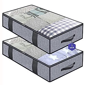 Onlyeasy Foldable Underbed Bags - 2 Pack Blankets Clothes Comforters Storage Bag Breathable Zippered Organizer for Bedroom with Clear Window and 4 Handles, 39.4x19.7x5.9 in, Linen-like Grey, MXDUBBP2