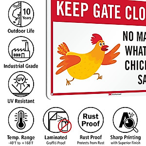 SmartSign 10 x 14 inch Funny Chicken Coop Sign “Keep Gate Closed No Matter What The Chickens Say”, 40 mil Aluminum, 3M Laminated Engineer Grade Reflective Material, Multicolor, Made in USA