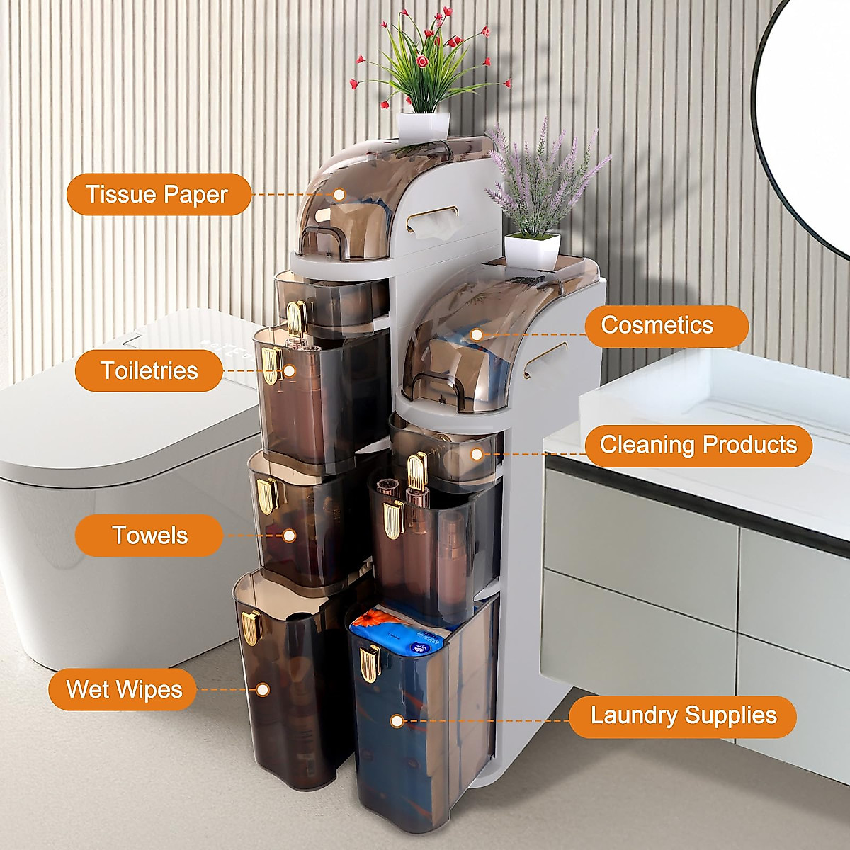 JFDSA Slim Bathroom Storage Cabinet, Waterproof Narrow Bathroom Storage, Floor Cabinet with Wheels and Toilet Paper Racks for Small Spaces, Living Room,Bathroom, Bedroom (4-Tiers)