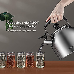 MAXCOOK 4.2 Quart/4L Stainless Steel Whistling Tea Kettle,Brushed Satin, Suitable to Boiling Water & Tea on Induction Stove, Gas Stove Top