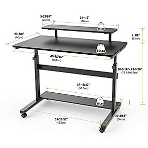 EUREKA ERGONOMIC Mobile Height Adjustable Standing Desk,41 Inch Rolling Stand Up Computer Workstation with Monitor Shelf, Portable Home Office Desk with Wheels,CPU Stand & Detachable Hutch, Black