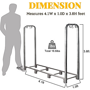 FOSKU Heavy Duty 4ft Firewood Rack, Rust Resistant Steel, Large Capacity, 8 Legs, Prevent Tipping Locks, Floor Protectors, Keeps Logs Dry