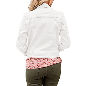Vetinee Women's White Jean Jacket Women Basic Stretch Fitted Casual Button Down Truker Denim Jacket Long Sleeve Pockets Jean Coat Medium Size 8 Size 10