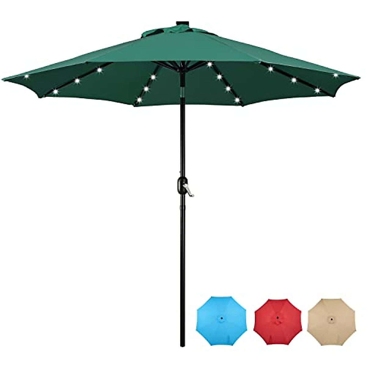 Yaheetech 9FT Patio Umbrella with Solar Lights - UV Protection Market Table Umbrella w/ 32 LED Lights & Push Button Tilt & Crank Lift System for Garden/Lawn/Deck/Backyard/Pool,Dark Green