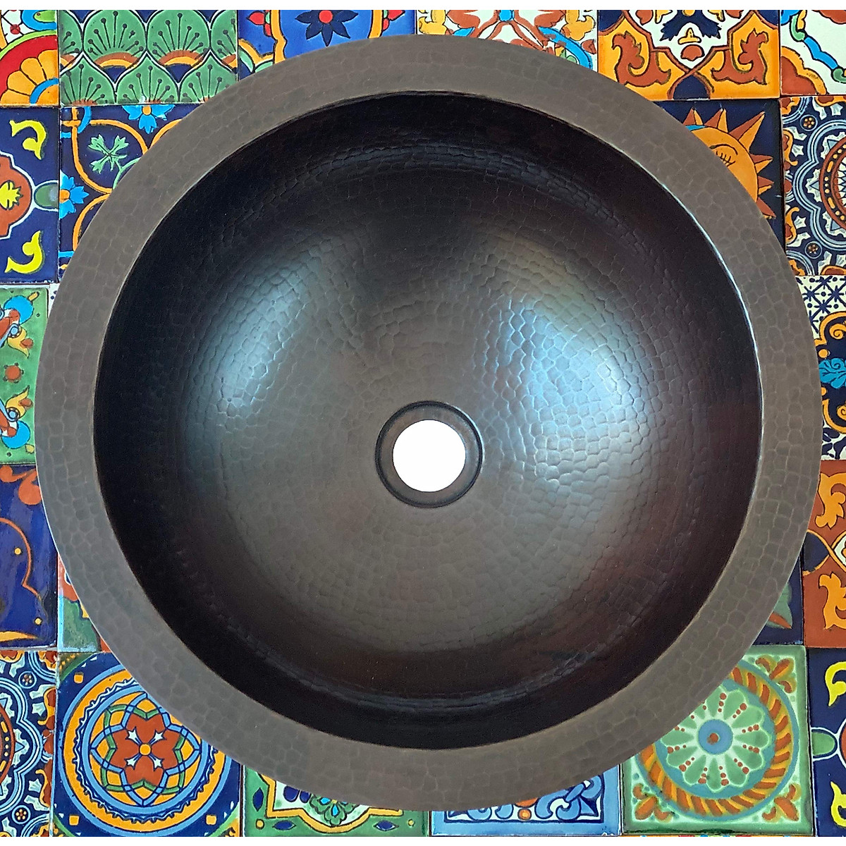 15" Round Copper Bathroom Sink Mexican Copper Bath Sink Pure Copper Hand Hammered Dual Mount Dark CPS05