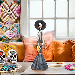 Day-of-The-Dead Halloween-Decorations Catrina Skeleton Figurine - Dia De Los Muertos Decor Resin Lady Skeleton Mexican Traditional Chanukah Hanukkah Farmhouse Decor 4 x 4 x 10.3 in Newman House Studio