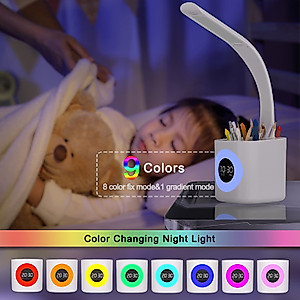 YOUKOYI LED Desk Lamp, Desk Lamps for Home Office, 10W Dimmable Study Desk Light with Pen Holder&Colorful Night Light&Clock, Kids Desk Lamp- 4 Lighting Modes&5 Brightness Level, Eye-Care Reading lamp
