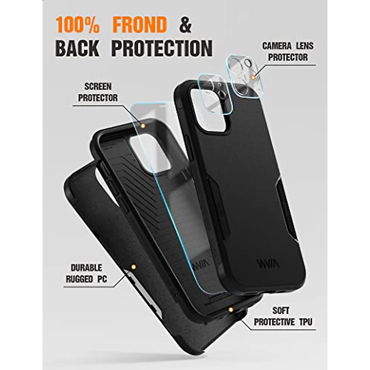 WVM Designed for iPhone 12 Case, Designed for iPhone 12 Pro Case [with 2 Pcs Glass Screen Protector & 2 Pcs Camera Lens Protector] Shockproof Protective Case for iPhone 12/12 Pro 6.1 inch, Black