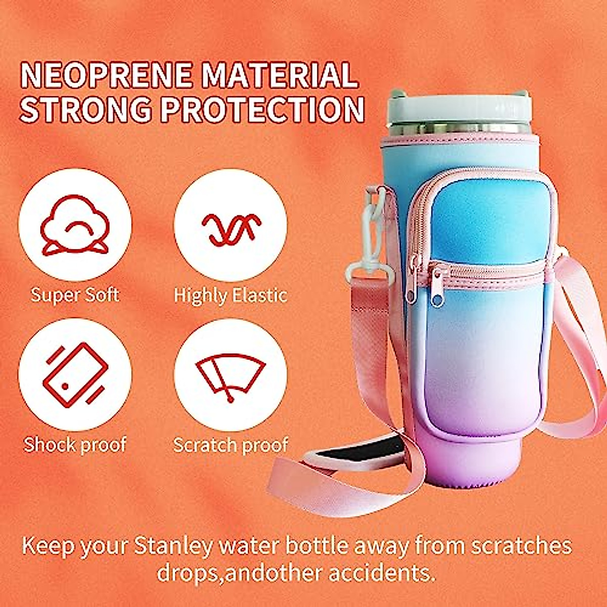 Water Bottle Carrier Bag for Stanley Quencher H2.0, 40oz Bottle Pouch Holder with Adjustable Shoulder Strap, Water Bottle Sling Sleeve with Phone Pocket for Hiking Travelling Camping (Bluepurple)