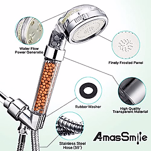 AmasSmile® LED Shower Head with Hose and Bracket - Color Changes with Water Temperature Filter Filtration High Pressure Water Saving Handheld Showerheads for Dry Skin & Hair