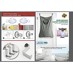 Oxford Fabric Space Saving Door-Hanging Laundry Hamper Bag + 2 Stainless Steel Hooks + 2 Strong Suction Cups for Bedroom, Nursery, Dorm or Closet (White)