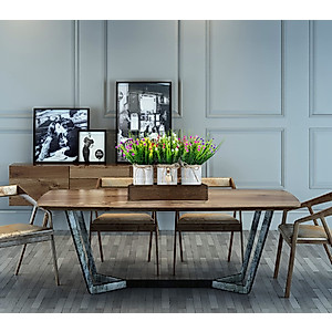 CALAVAK Decorative Centerpiece Wooden Tray with 3 Metal Potted Artificial Babys Breath Gypsophila Plant Flowers Rustic Country Farmhouse Décor for Dining Room, Living Room and Kitchen Table