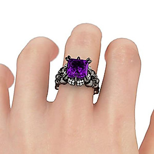 Jeulia 6.55 Carat Personalized Princess Cut Diamond Rings for Women Sterling Silver Double Row Halo Engagement Rings Black Plated Bridal Band Rings Anniversary Promise with Jewelry Gift Box (Purple, 8)