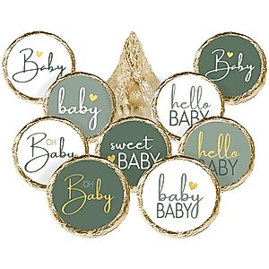 Green and Gold Baby Shower Party Favor Kisses Candy Stickers, Sweet Baby Party Favors - 180 Labels