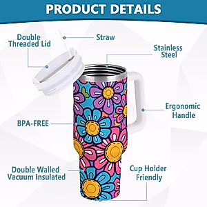 30 oz Colorful Hippie Style Flower Insulated Tumbler with Handle, Stainless Steel Vacuum Water Bottles with Lid and Straw for Water, Iced Tea or Coffee
