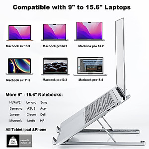 Laptop Stand for Desk, Adjustable Ergonomic Portable Aluminum Laptop Holder, Compatible with MacBook Air Pro, HP, Lenovo, Dell, More 9-15.6” Laptops (Silver)