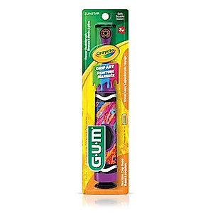 GUM Crayola Power Toothbrush for Kids, Extra Soft Bristled Toddler Toothbrushes, Travel Cap + Suction Cup Base, Batteries Included, 1ct